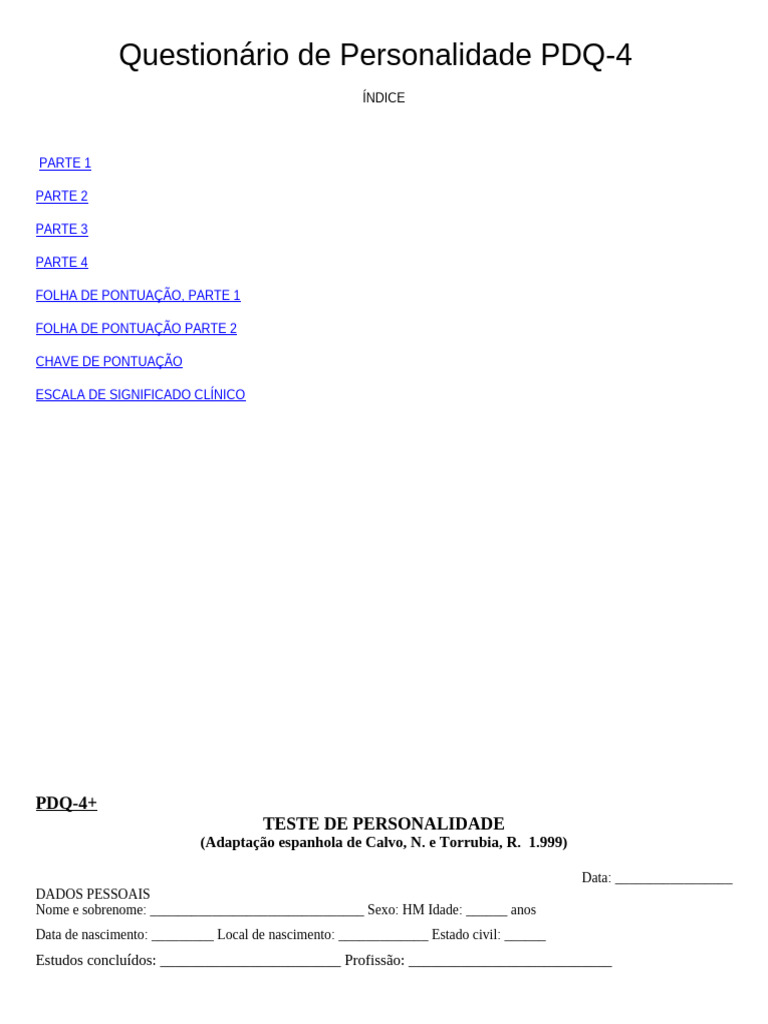 Questionário de Personalidade PDQ | PDF | Depressão | Distúrbio mental