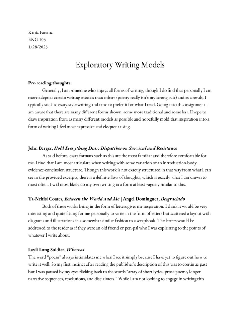 ENG 105 Exploratory Writing Models DB | PDF
