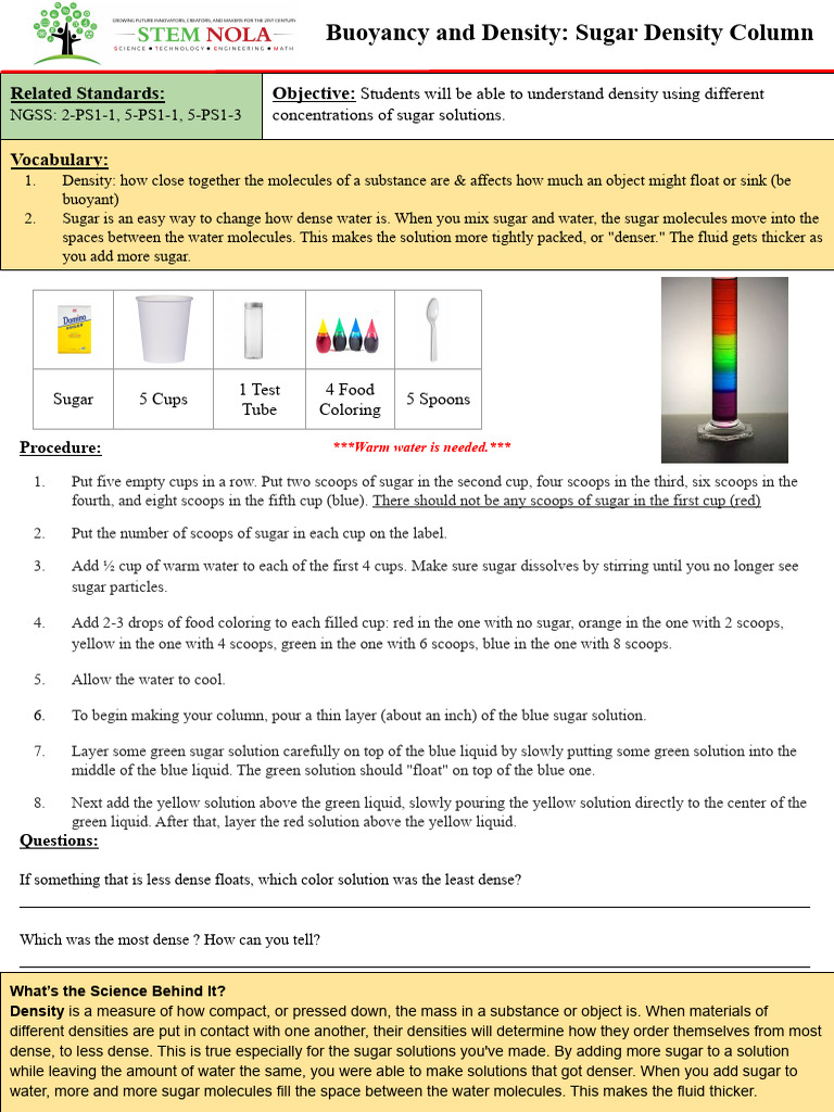 Sugar Density Column (Grades 3-12) | PDF | Density | Water
