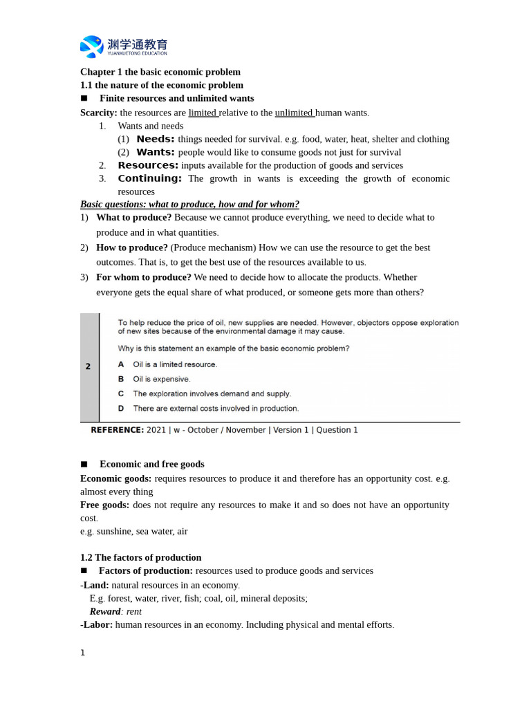 Chapter 1 The Basic Economic Problem | PDF | Opportunity Cost | Economies