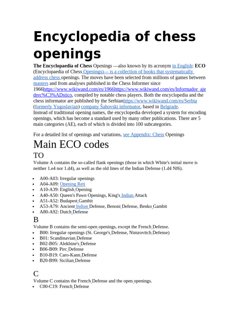 Encyclopedia of Chess Openings (ECO) | PDF | Chess Openings | Chess