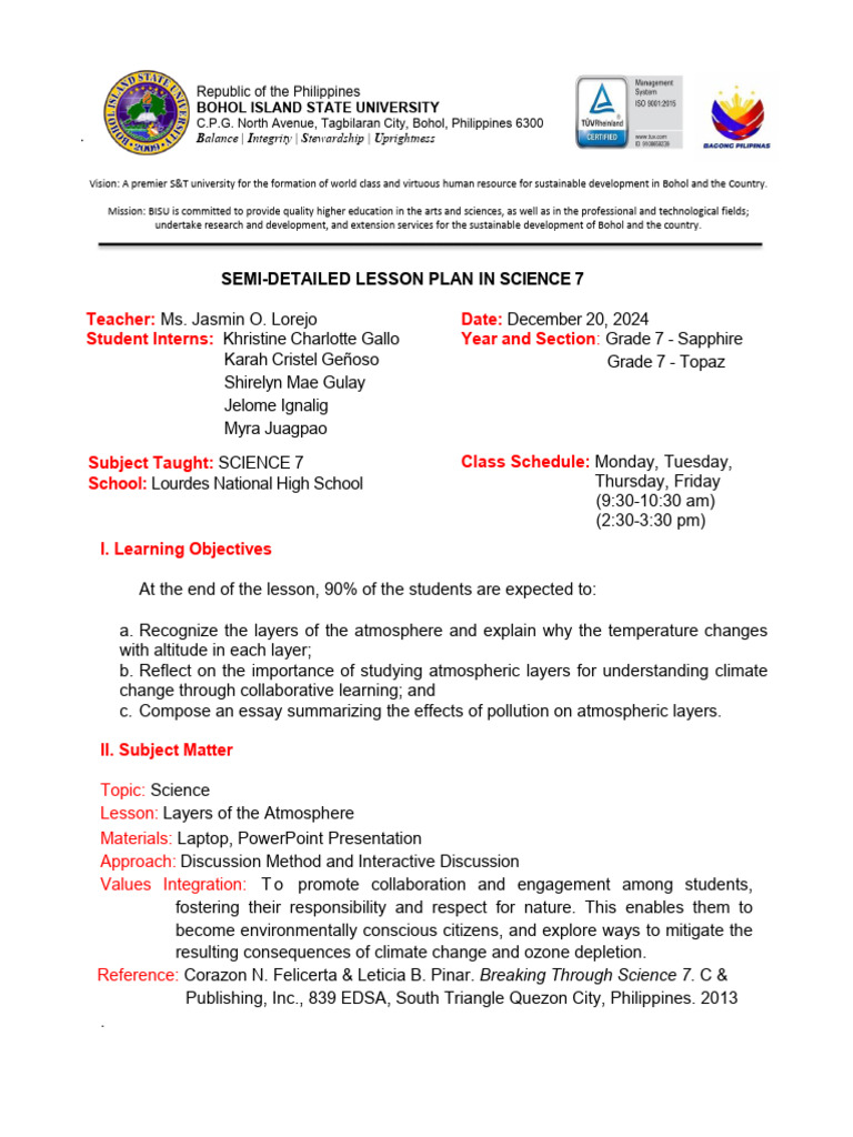 Science 7 Lesson Plan: Atmosphere Layers | PDF | Atmosphere Of Earth ...
