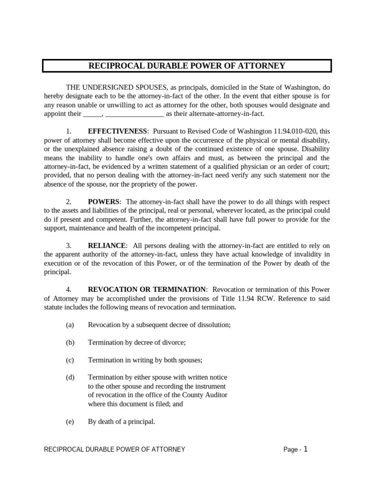 Reciprocal Durable Power of Attorney | PDF | Power Of Attorney | Indemnity