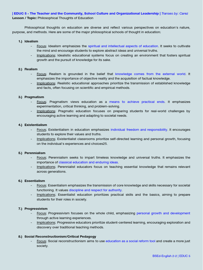 EDUC 5 Philosophical Thoughts of Education 01 - 19 1 | PDF | Knowledge | Pragmatism