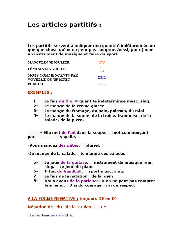 Articles Partitifs en Français | PDF | Boisson | Nombre grammatical