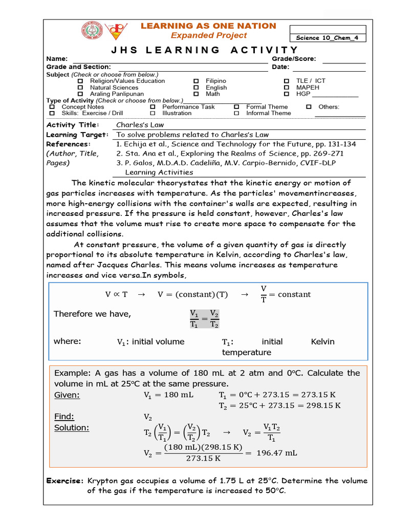 Science 10 Chemistry LAS 4 Charles - S Law | PDF | Gases | Temperature