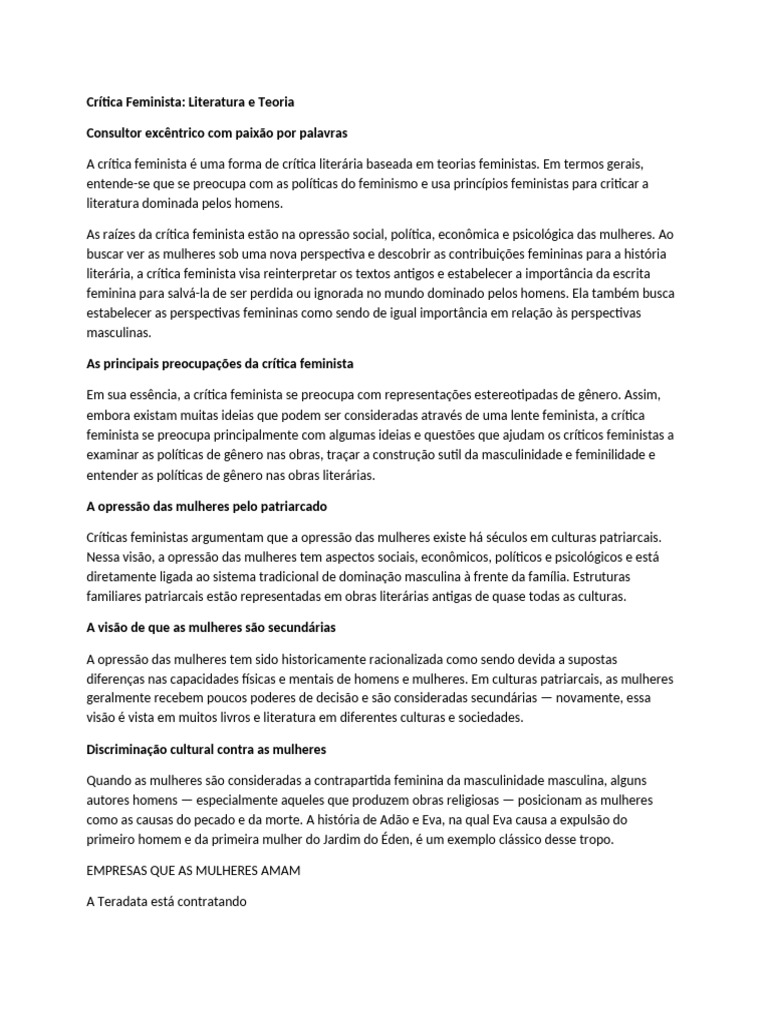 Crítica Feminista na Literatura e Teoria | PDF | Feminismo | Estudos de ...