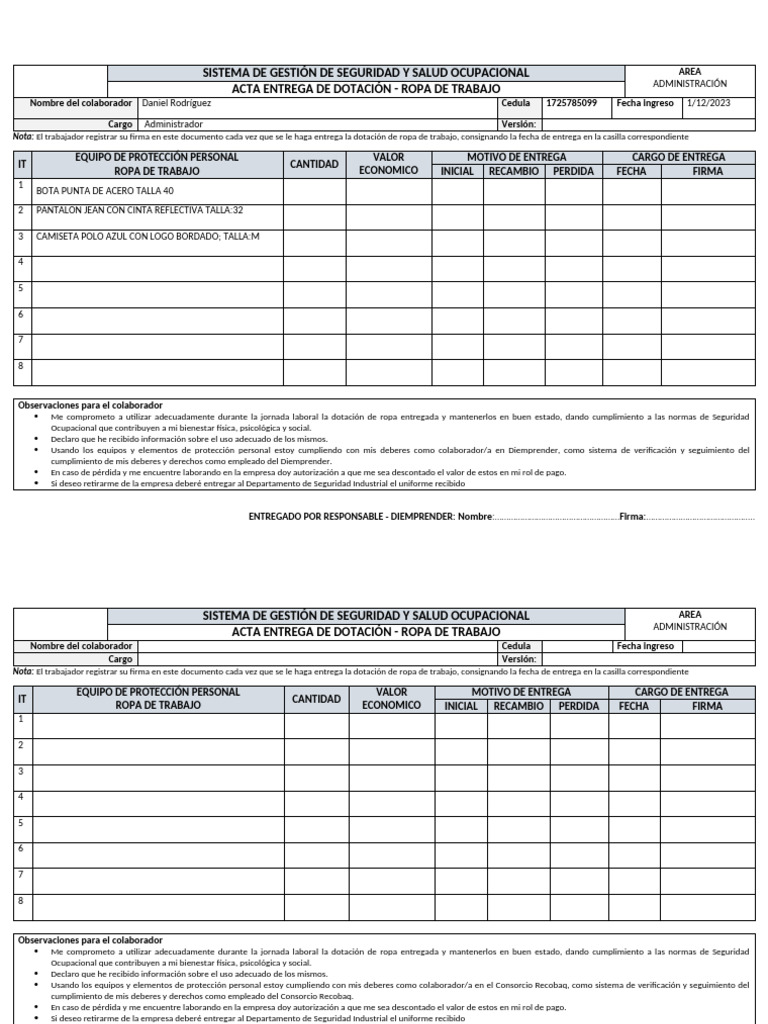 Modelo Dotación de Uniforme | PDF