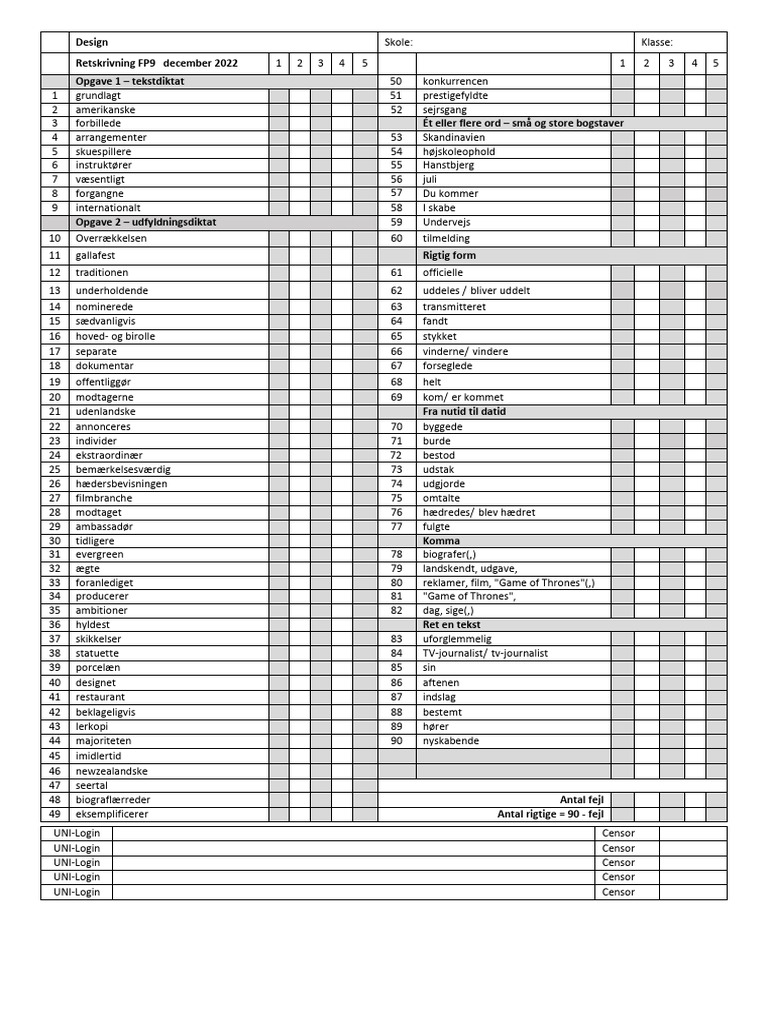 FP9 Dansk Retskrivning - Retteark December 2022 | PDF