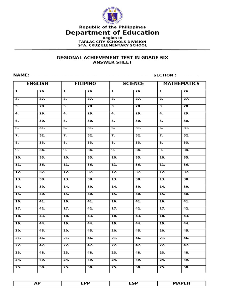 Grade Six Regional Achievement Test Sheet | PDF
