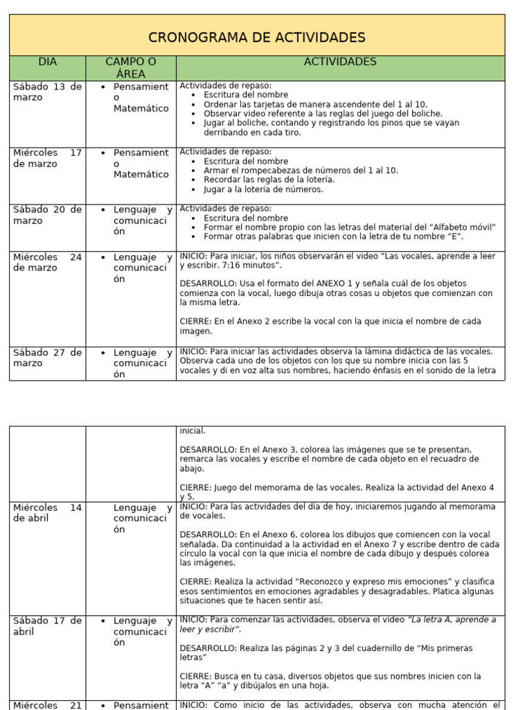 CRONO 2 DE ACTIVIDADES PREES_REGULARIZACIÓN | PDF