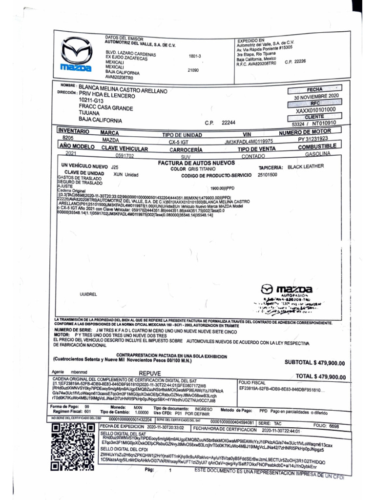 Carta Factura Mazda CX-5 2021 | PDF
