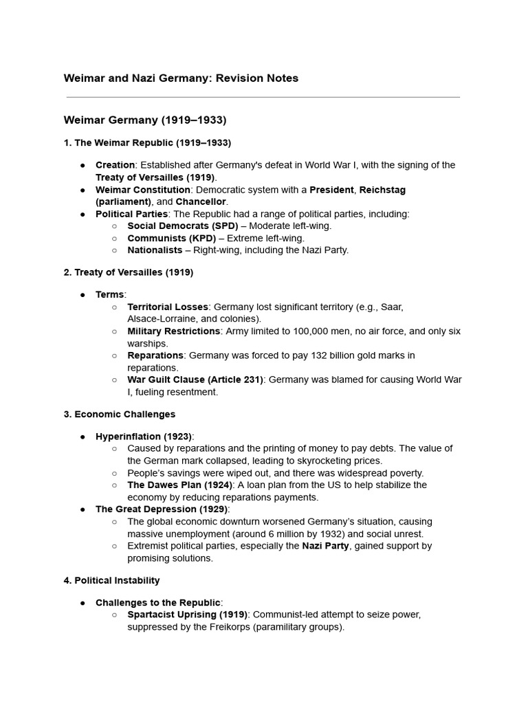Weimar and Nazi Germany - Revision Notes | PDF | Weimar Republic | Nazi ...