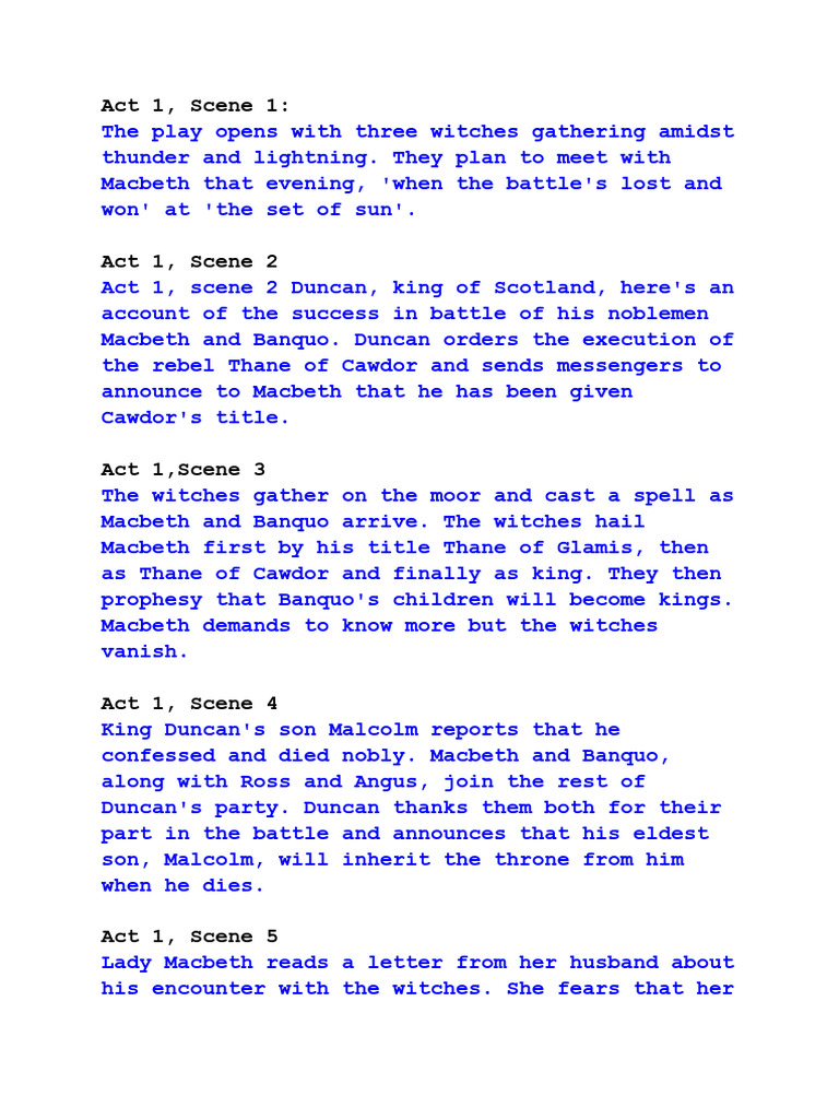 Macbeth Act 1 & 2 Summary Analysis | PDF