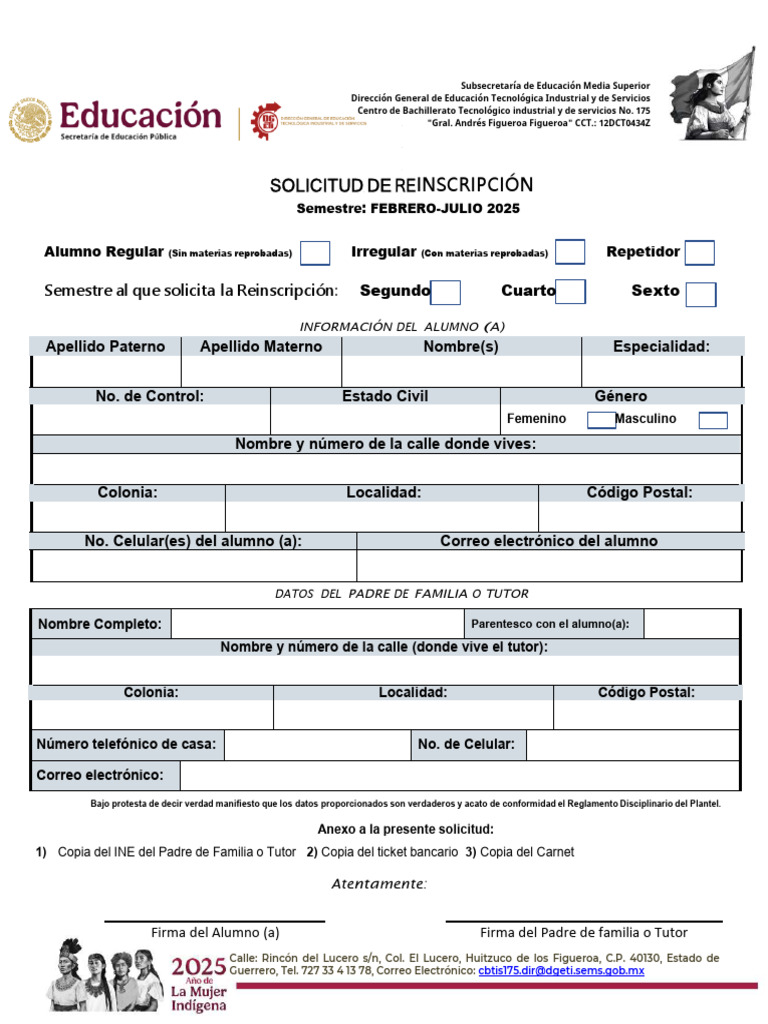SOLICITUD INSCRIPCIÓN FEBRERO-JULIO 2025 CBTis 175 | PDF