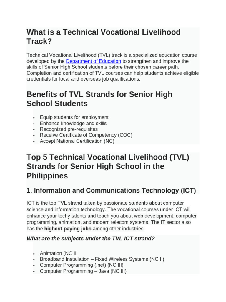 What Is A Technical Vocational Livelihood Track TVL | PDF | Vocational ...