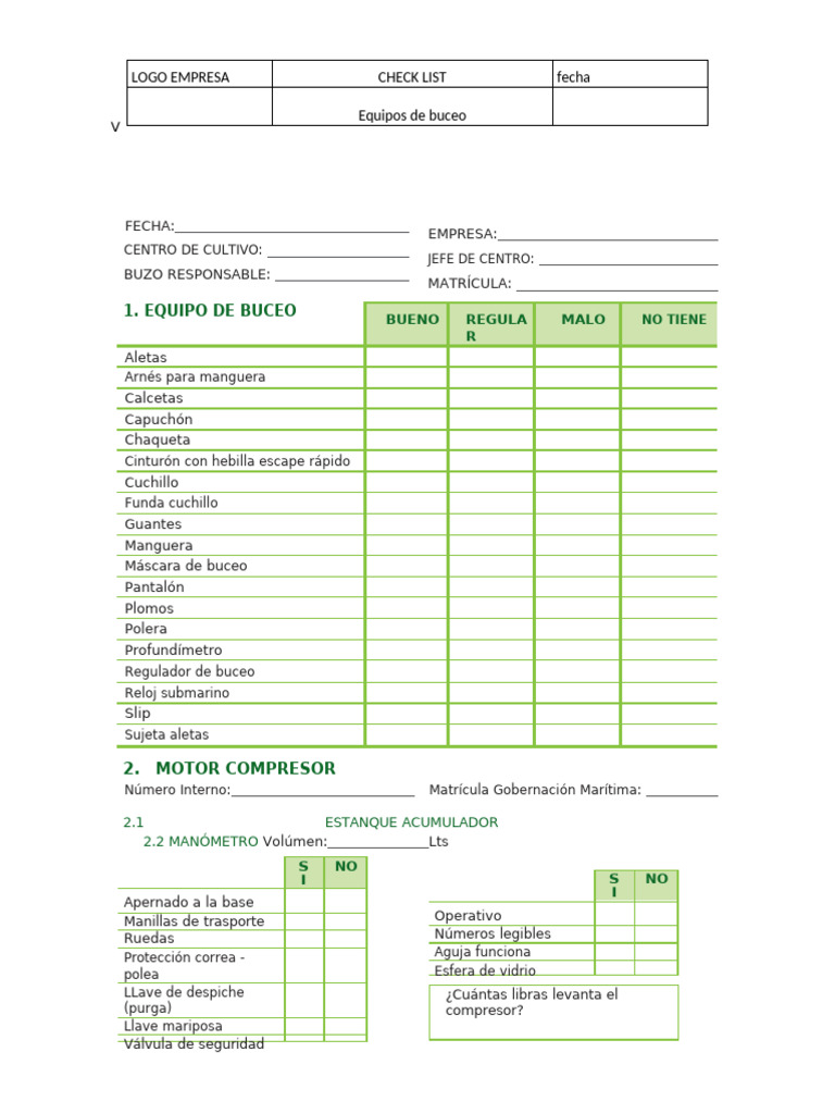 Checklist Equipos de Buceo | PDF | Buceo bajo el agua