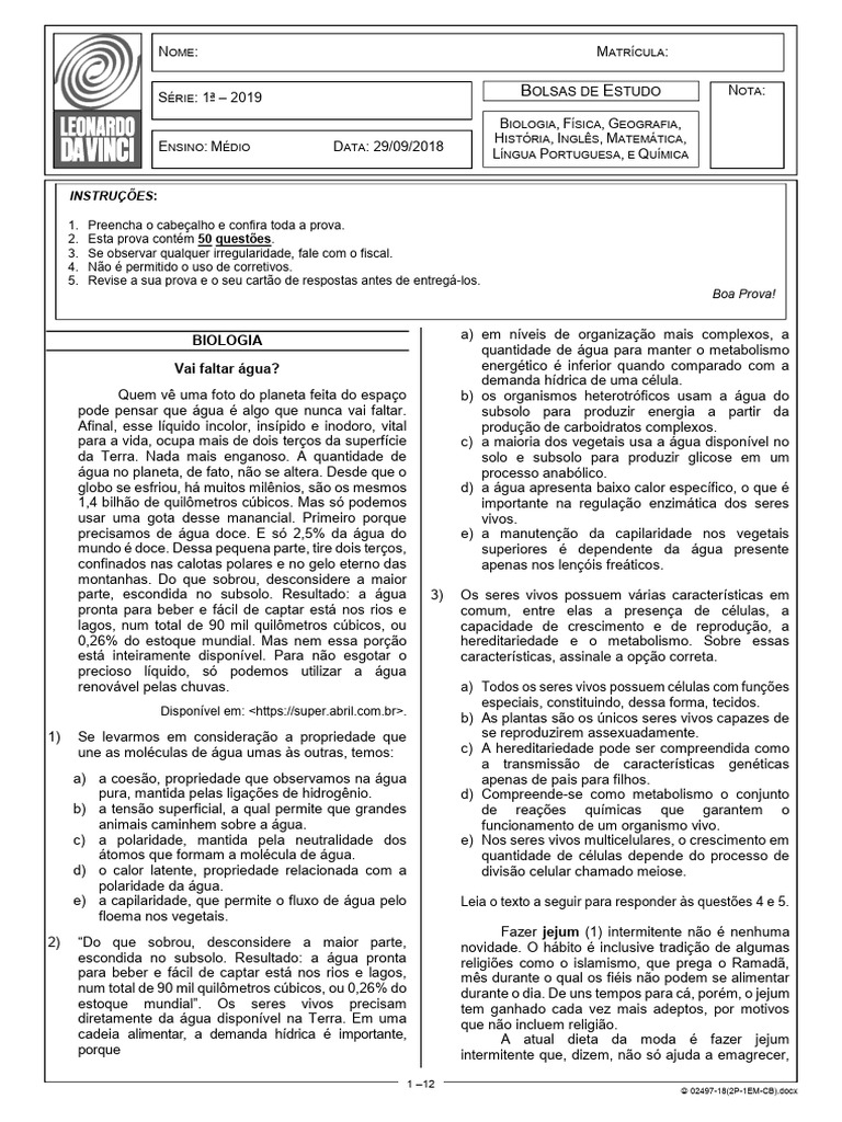 Prova 6 Leonardo | PDF | Água | Organismos