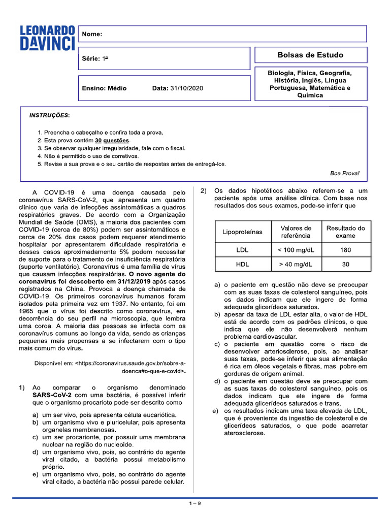 provas passadas do leonardo da vinci( escola) | PDF