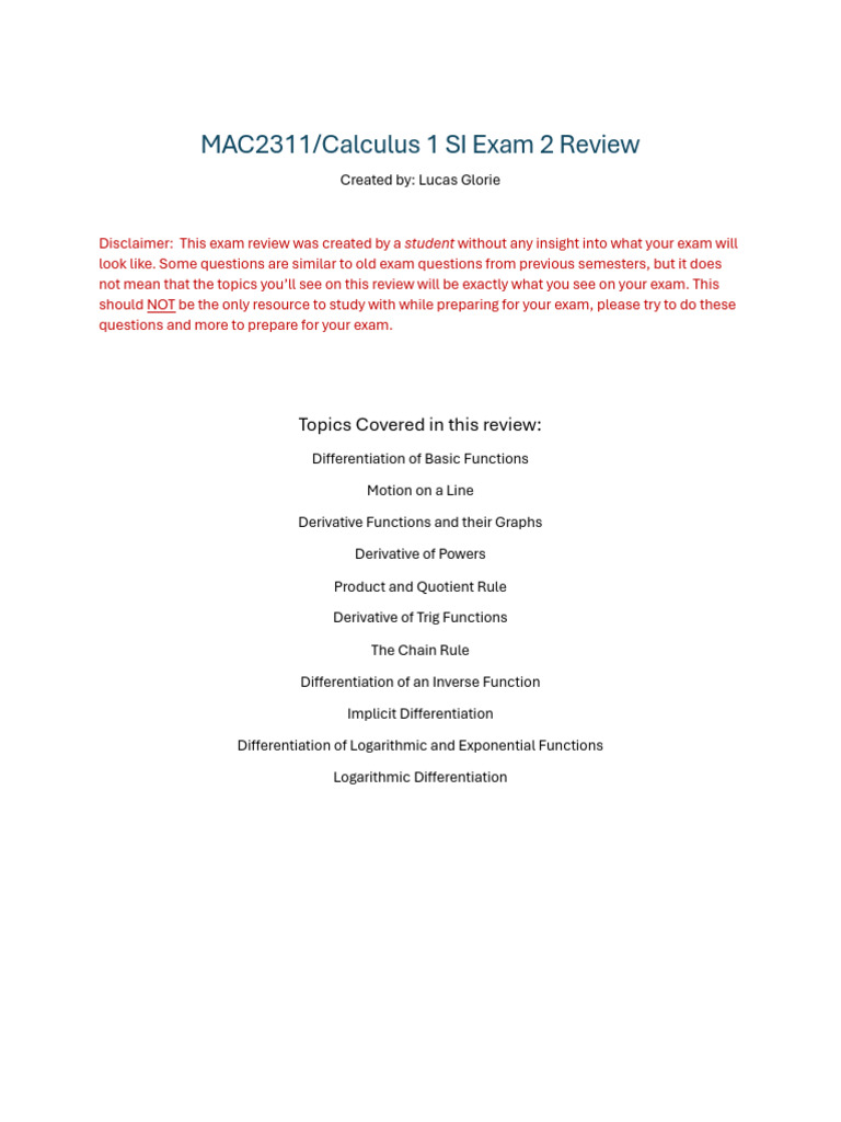 mac2311-si-exam-2-review | PDF | Derivative | Function (Mathematics)