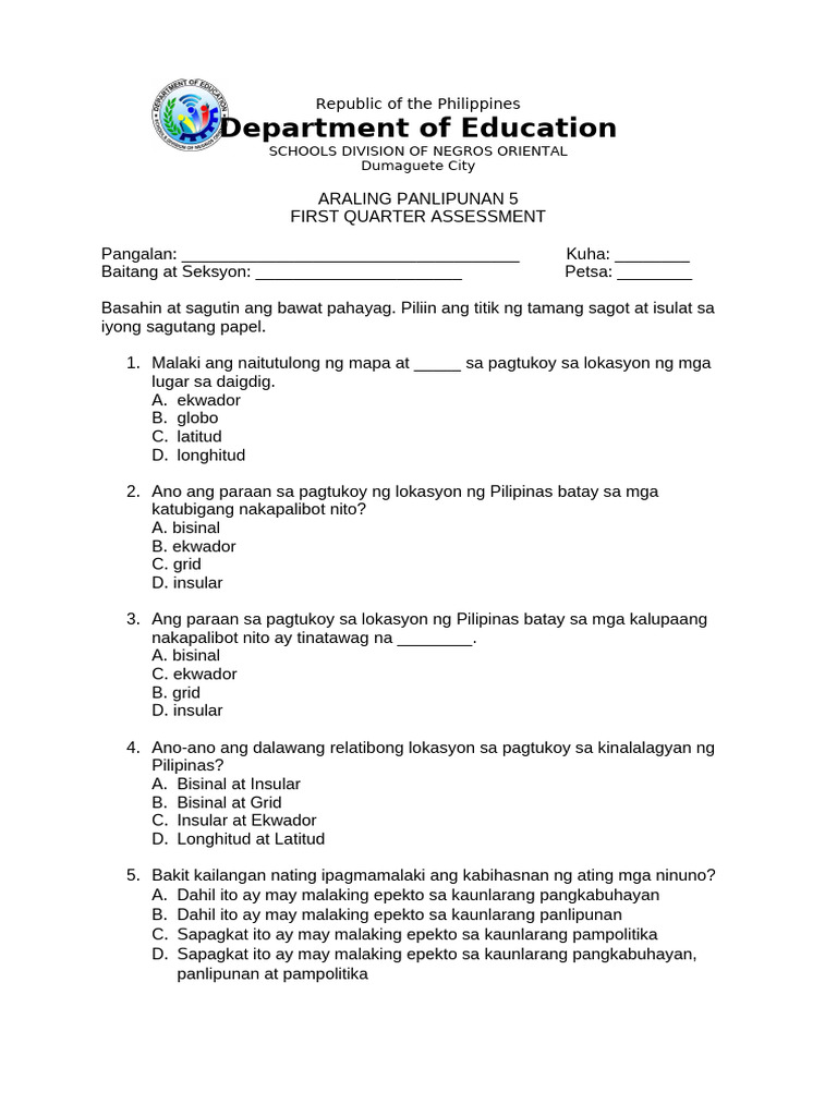 Ap 5 1ST Quarter Assessment Sy 2022 2023 | PDF