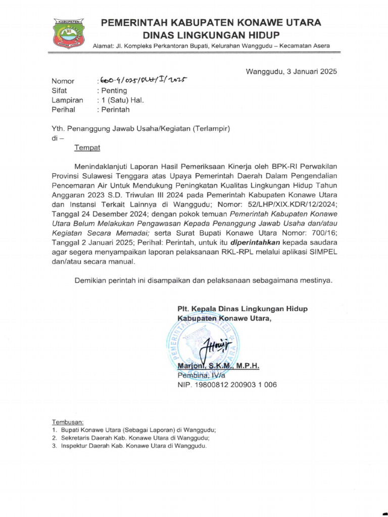 Perintah Kadis Pelaporan RKL-RPL Usaha Atau Kegiatan | PDF