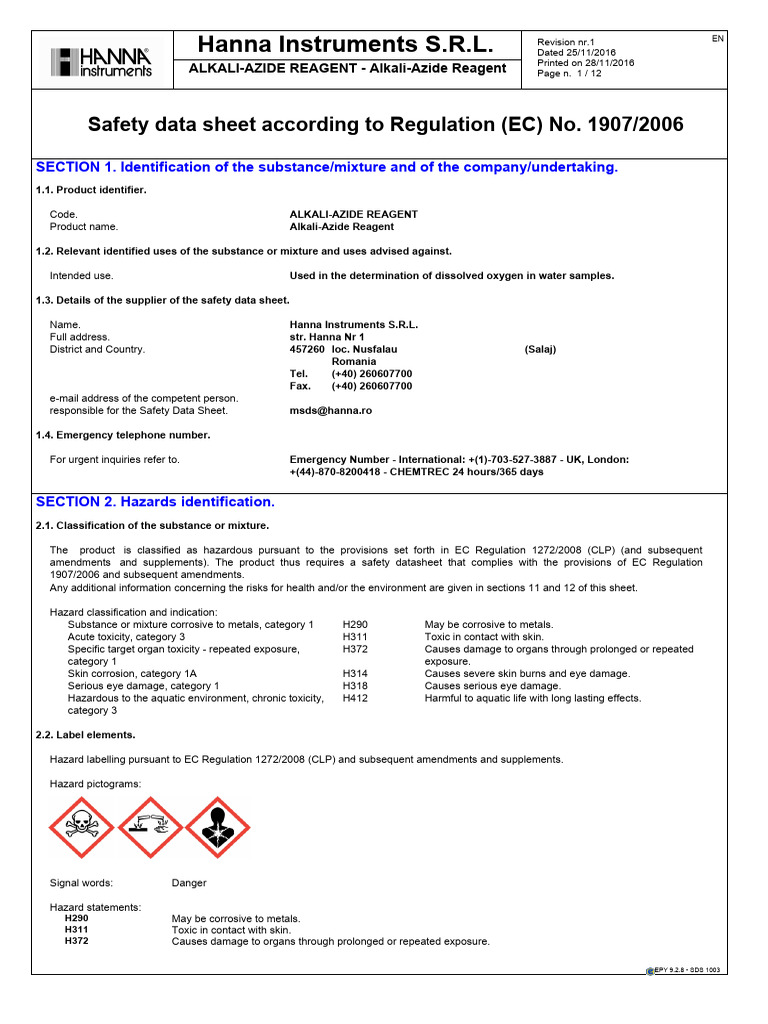 EN_ALKALI-AZIDE REAGENT_CLP_1 KIT OXIGENO DISUELTO | PDF | Chemical ...