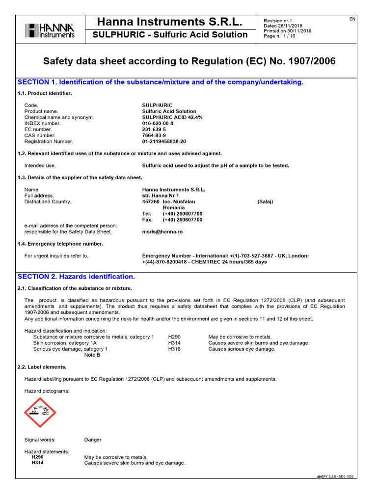En - Sulphuric - CLP - 1 Kit Oxigeno Disuelto | PDF | Sulfuric Acid ...