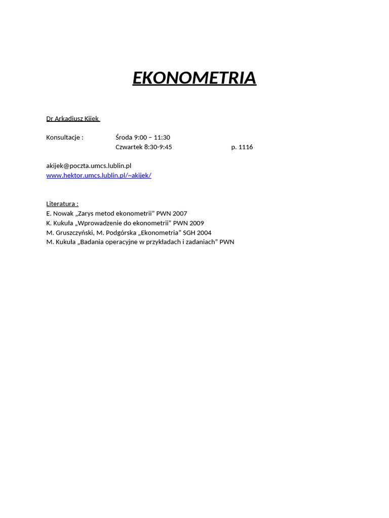 Ekonometria Wykłady | PDF