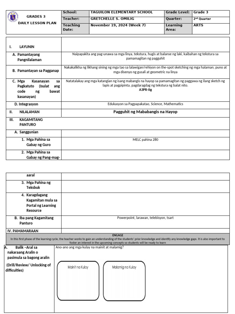 Tagalog Grade 3 Dll Arts Week7 | PDF