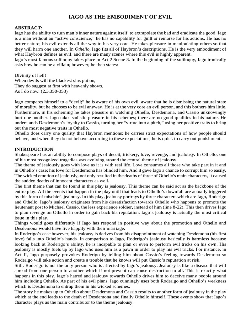 Iago As The Embodiment of Evil - Nico | PDF | Iago | Othello