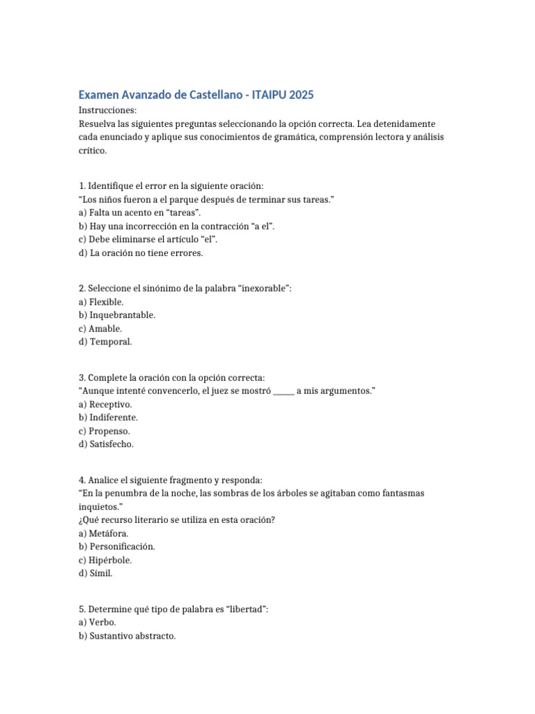 Examen Avanzado de Castellano 2025 | PDF | Asunto (gramática) | Oración ...