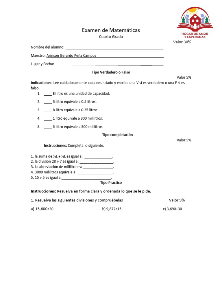 Examen Matemáticas 4º Grado | PDF