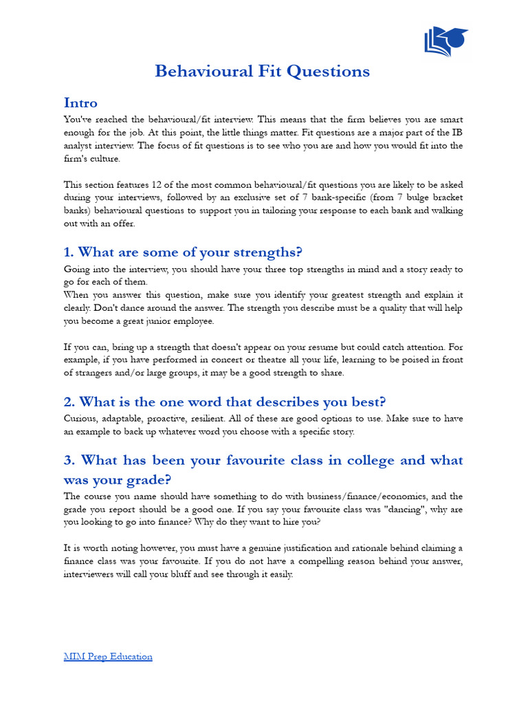 12 Most Common Behavioral Fit Questions | PDF | Behavior | Psychology