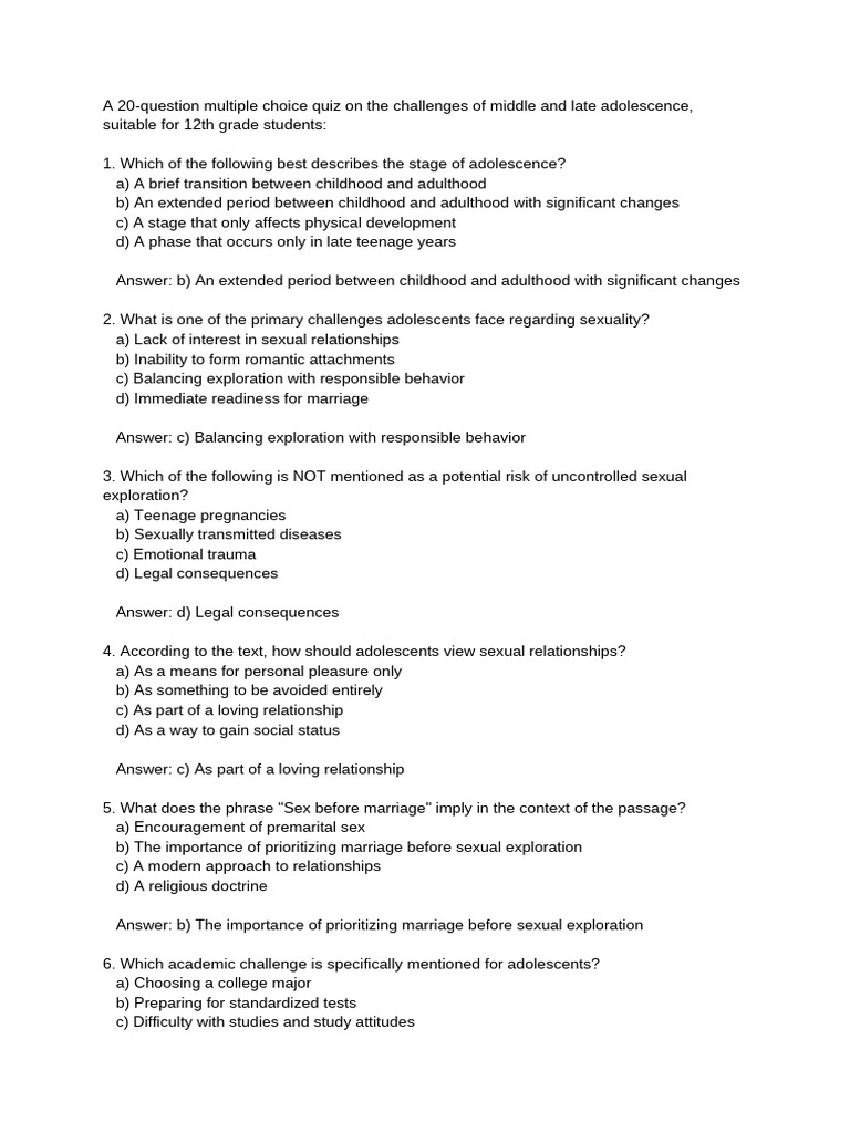 challenges quiz 20items | PDF | Adolescence | Human Sexuality