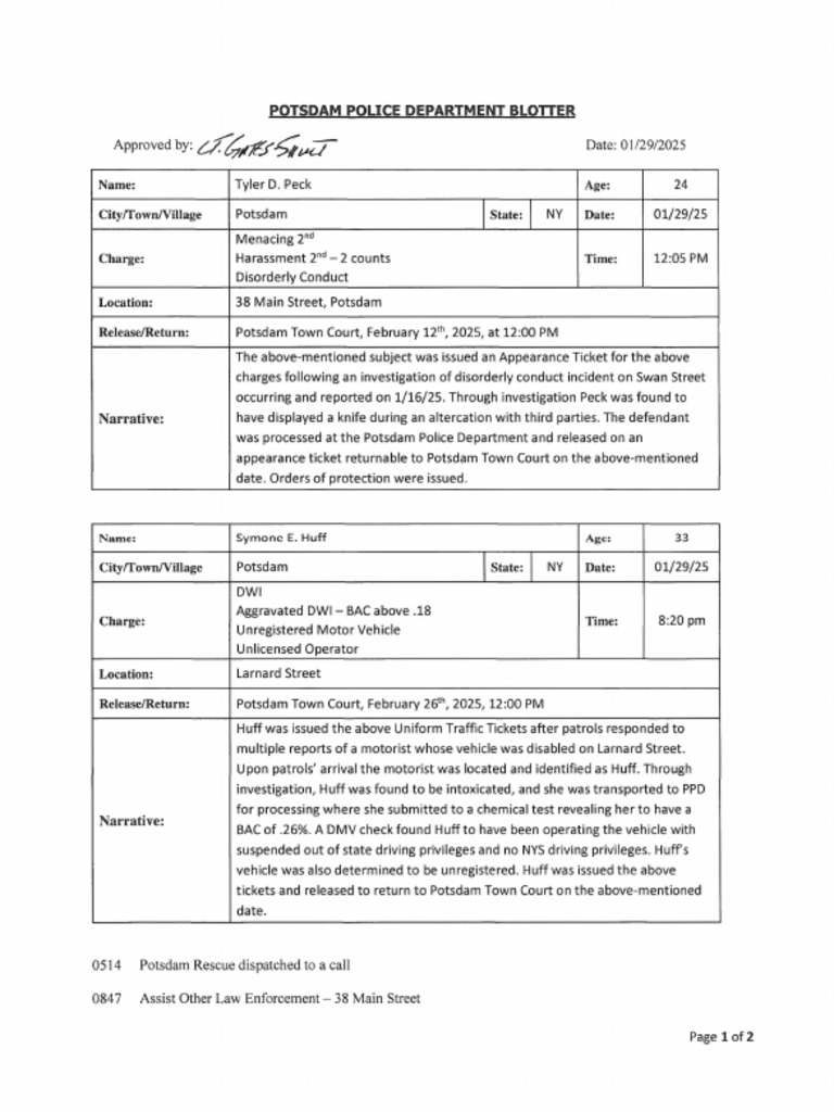 Potsdam Village Police Dept. Blotter Jan. 29, 2025 | PDF