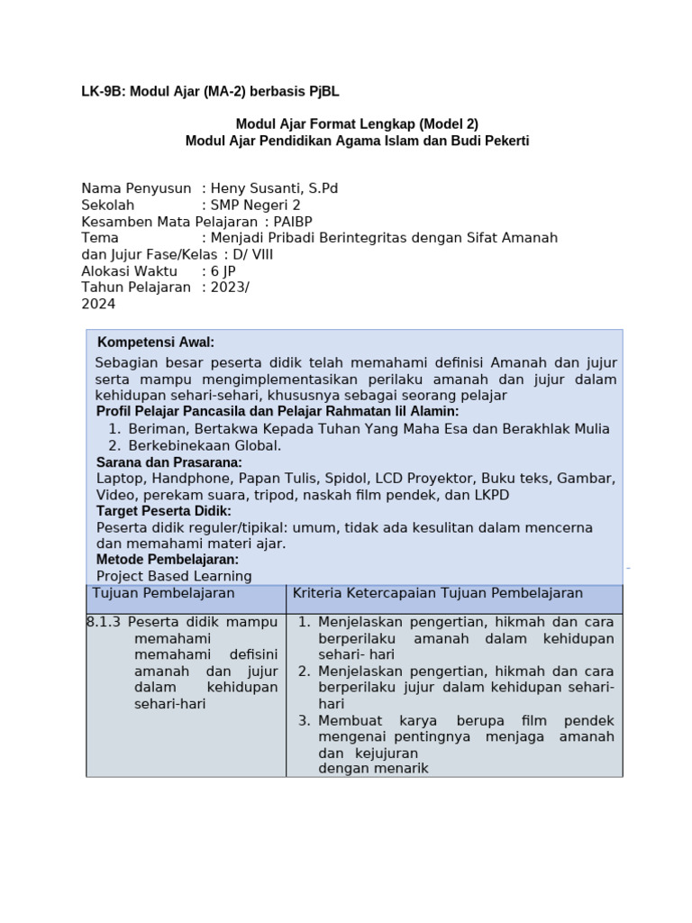 Contoh Modul Ajar PJBL | PDF