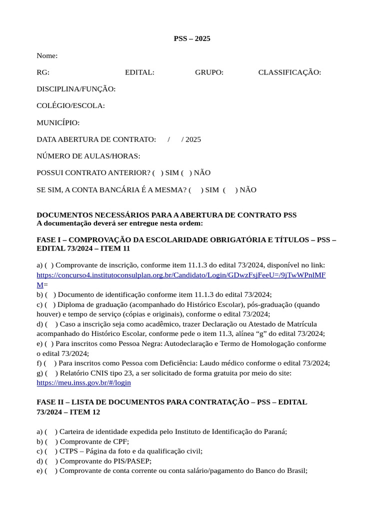 Checklist Documentos Contratação PSS 2025 | PDF