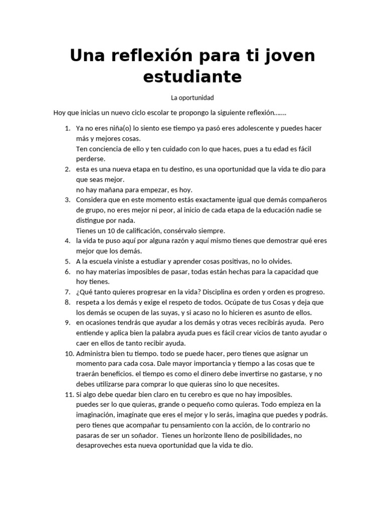 Una Reflexión para Ti Joven Estudiante | PDF