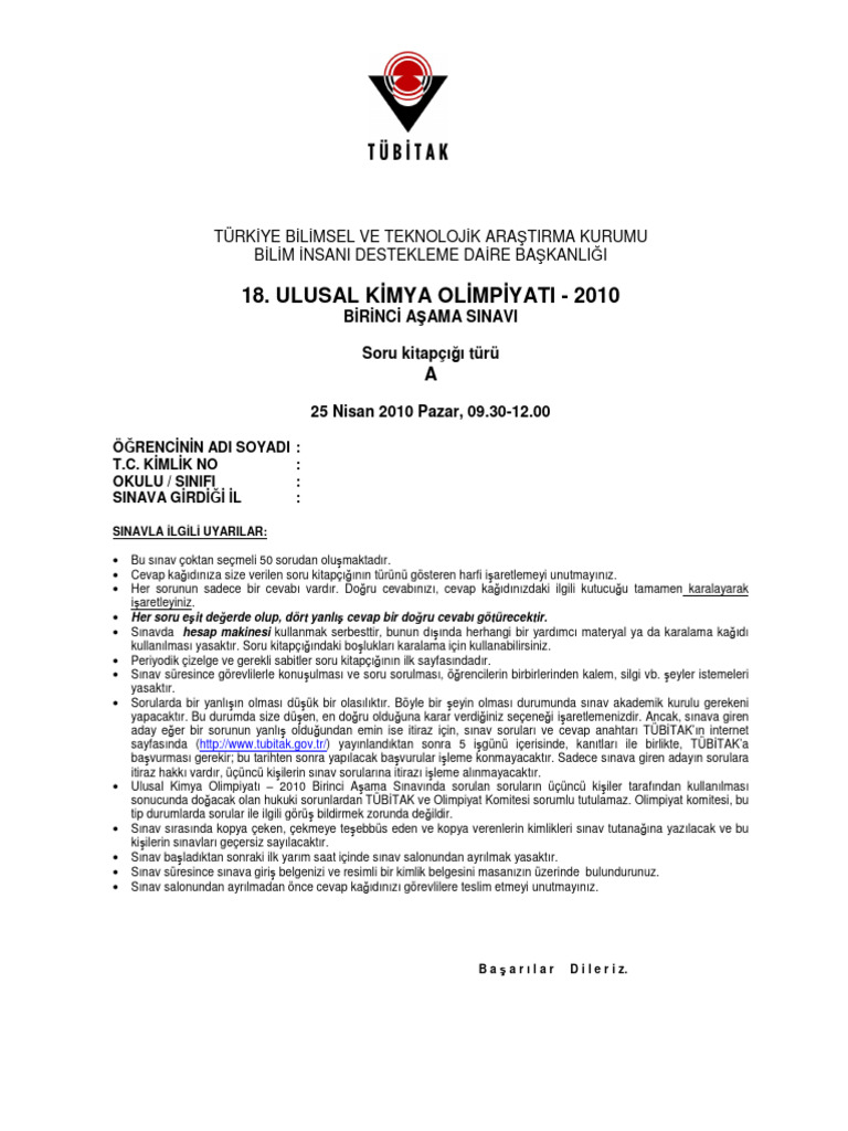 (9lib - Net) 18 Ulusal Ki-Mya Oli-Mpi-Yati Bi-Ri-Nci - Aşama Sinavi | PDF