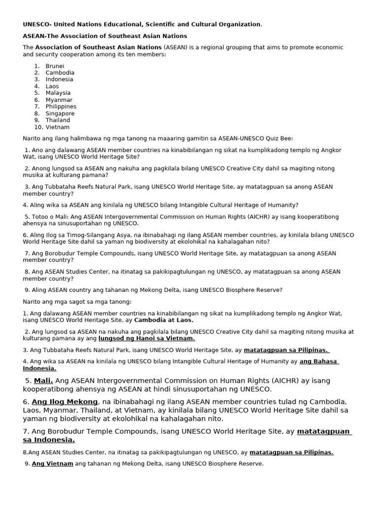 Asean-Unesco Quiz | PDF