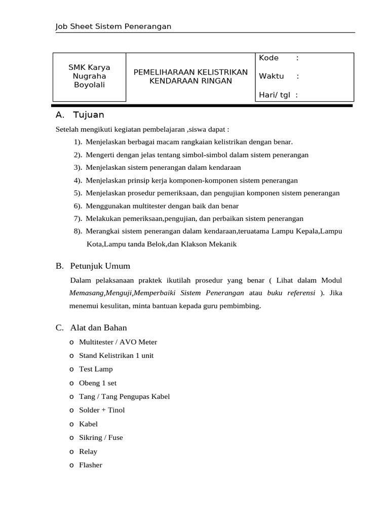 Job Sheet Kelistrikan Bodi | PDF