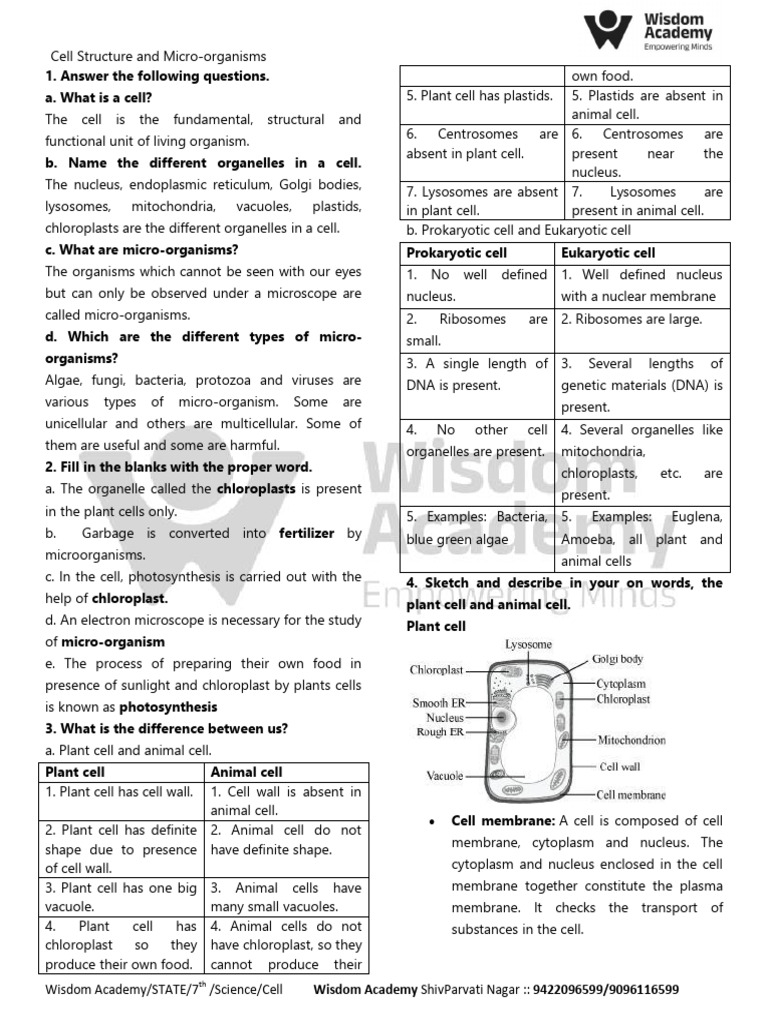 MH STD 7 CH 11 Cell Structure and Micro-organisms | PDF | Cell (Biology) | Microorganism