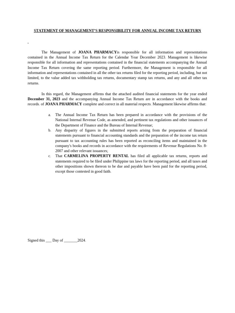 Management's Tax Return Responsibility Statement | PDF