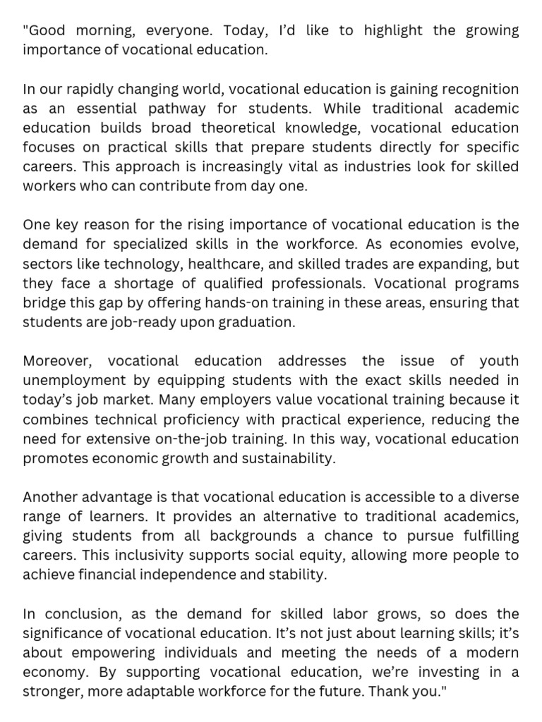 Importance of Vocational Education | PDF