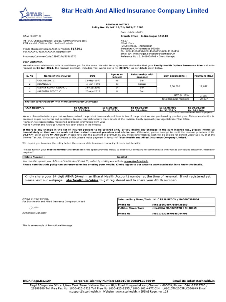 Star Health Policy Renewal Notice 2023 | PDF | Money | Financial Services