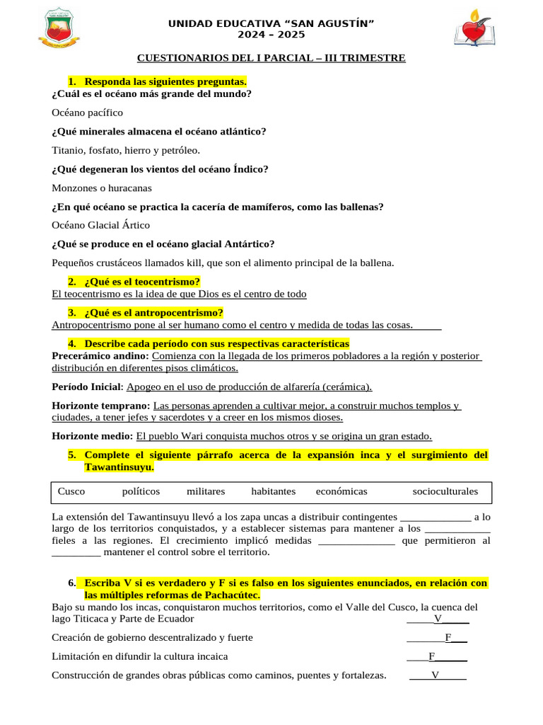 Cuestionarios (8vo) p1 t3 Eess | PDF | Imperio Inca