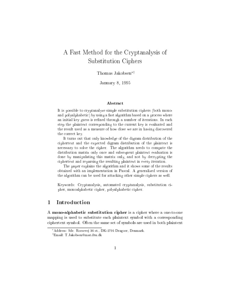 A Fast Method For Cryptoanalysis of Substitution Ciphers | PDF | Cryptanalysis | Cipher