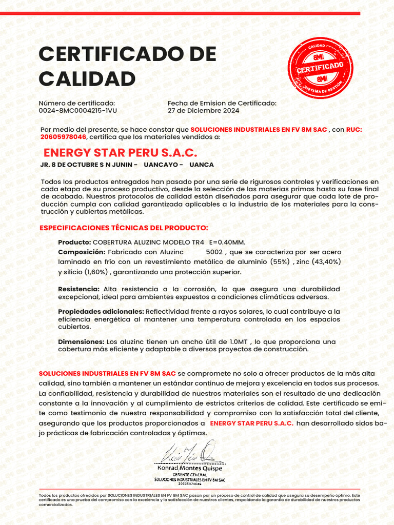 Certificado de Calidad 20601636183 | PDF | Materiales | Sector secundario de la economía