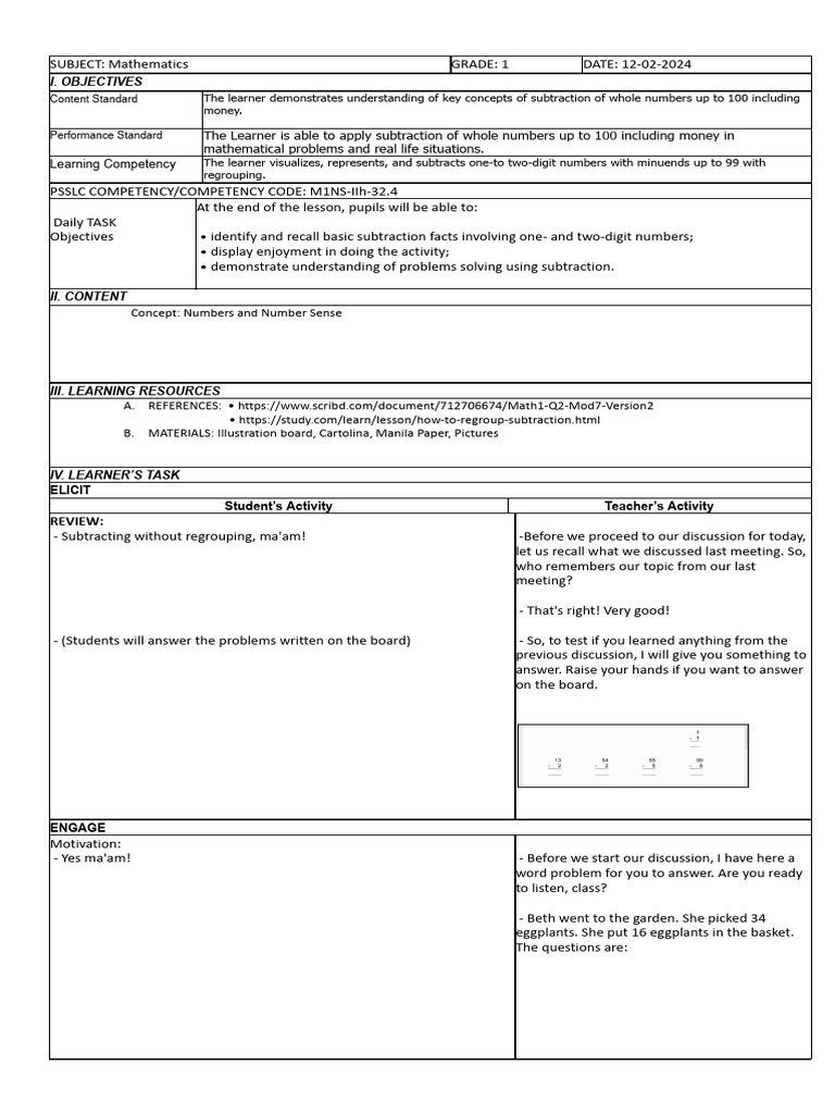 Lesson-Plan-GRADE 1-GROUP 2 (MATH) | PDF | Subtraction | Cognition